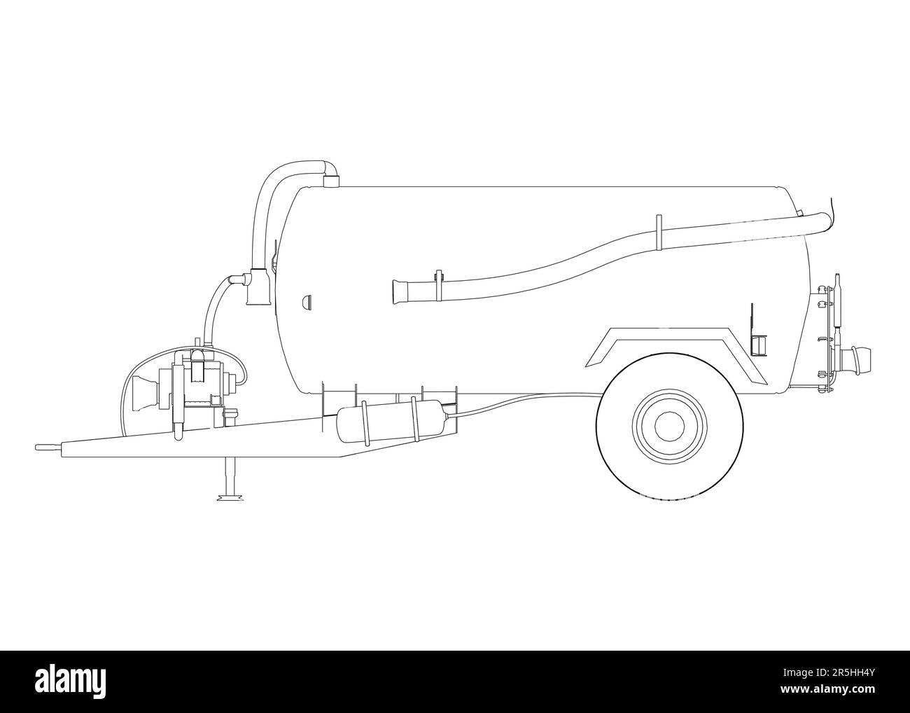 Outline of a trailer with a tank from black lines isolated on a white ...