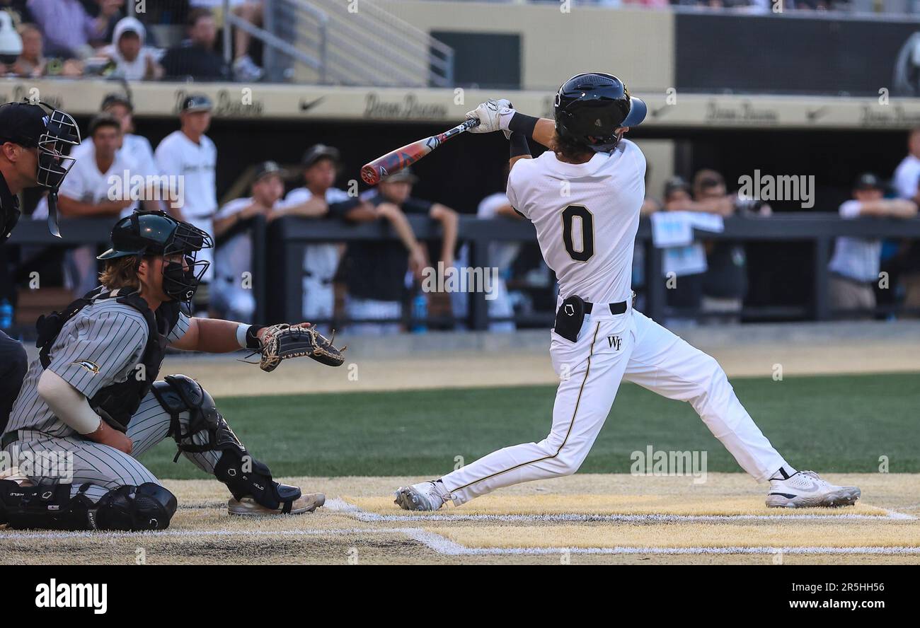 June 2, 2023: Wake Forest University junior Lucas Costello (0) connects ...