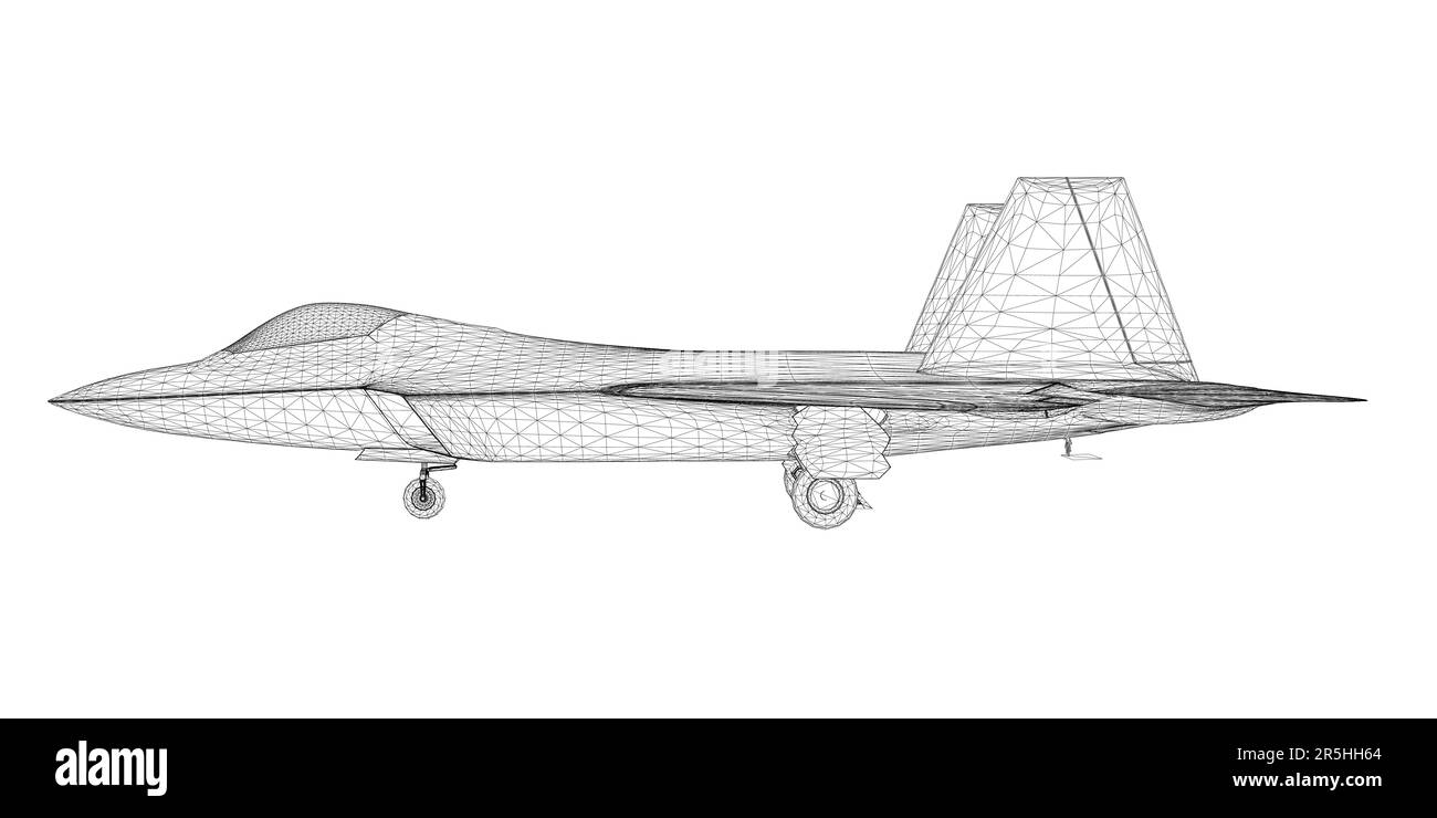 Combat Fighter Jet Wireframe From Black Lines Isolated On White Background Side View 3d