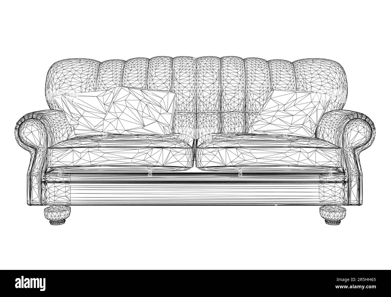Sofa Wireframe With Black Line Pillows Isolated On White Background Front View 3d Vector