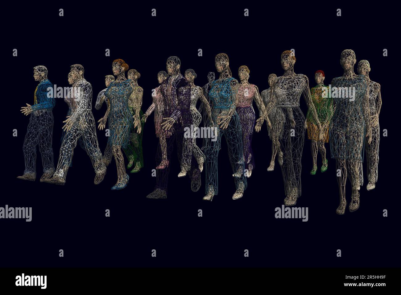 Wireframe of a crowd of walking people from multicolored lines isolated ...