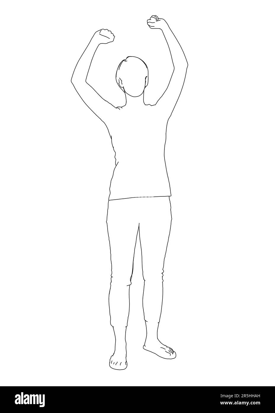Outline of a woman with raised hands from black lines isolated on white ...