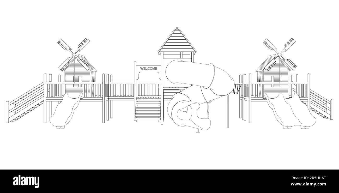 Outline of a playground with slides from black lines isolated on a white background. Front view ...