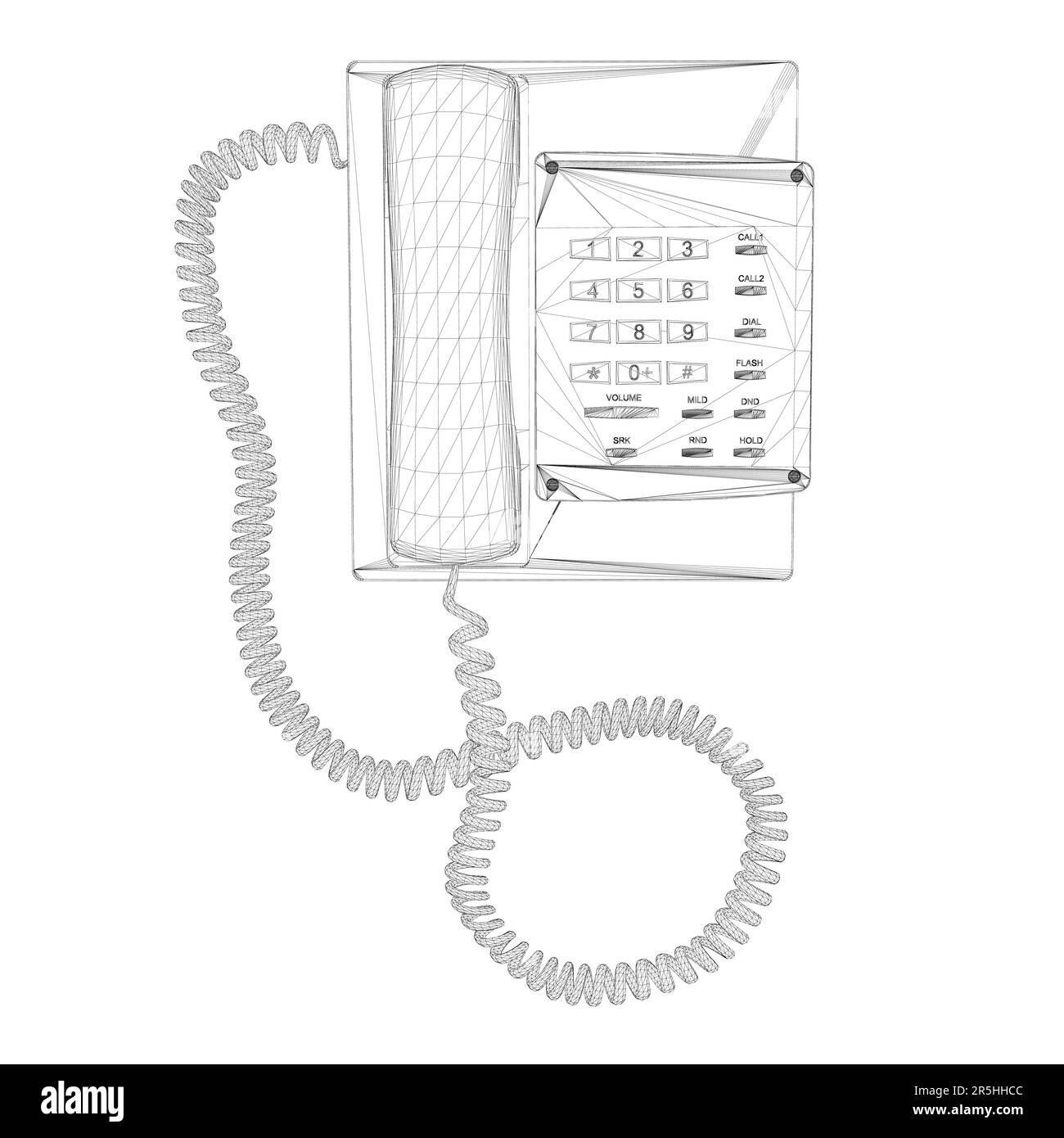 Wireframe of a vintage wired telephone from black lines isolated on a ...
