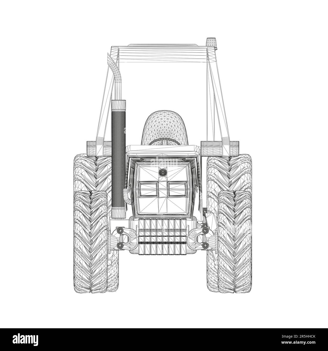Wireframe of an industrial tractor from black lines isolated on a white background. Front view ...