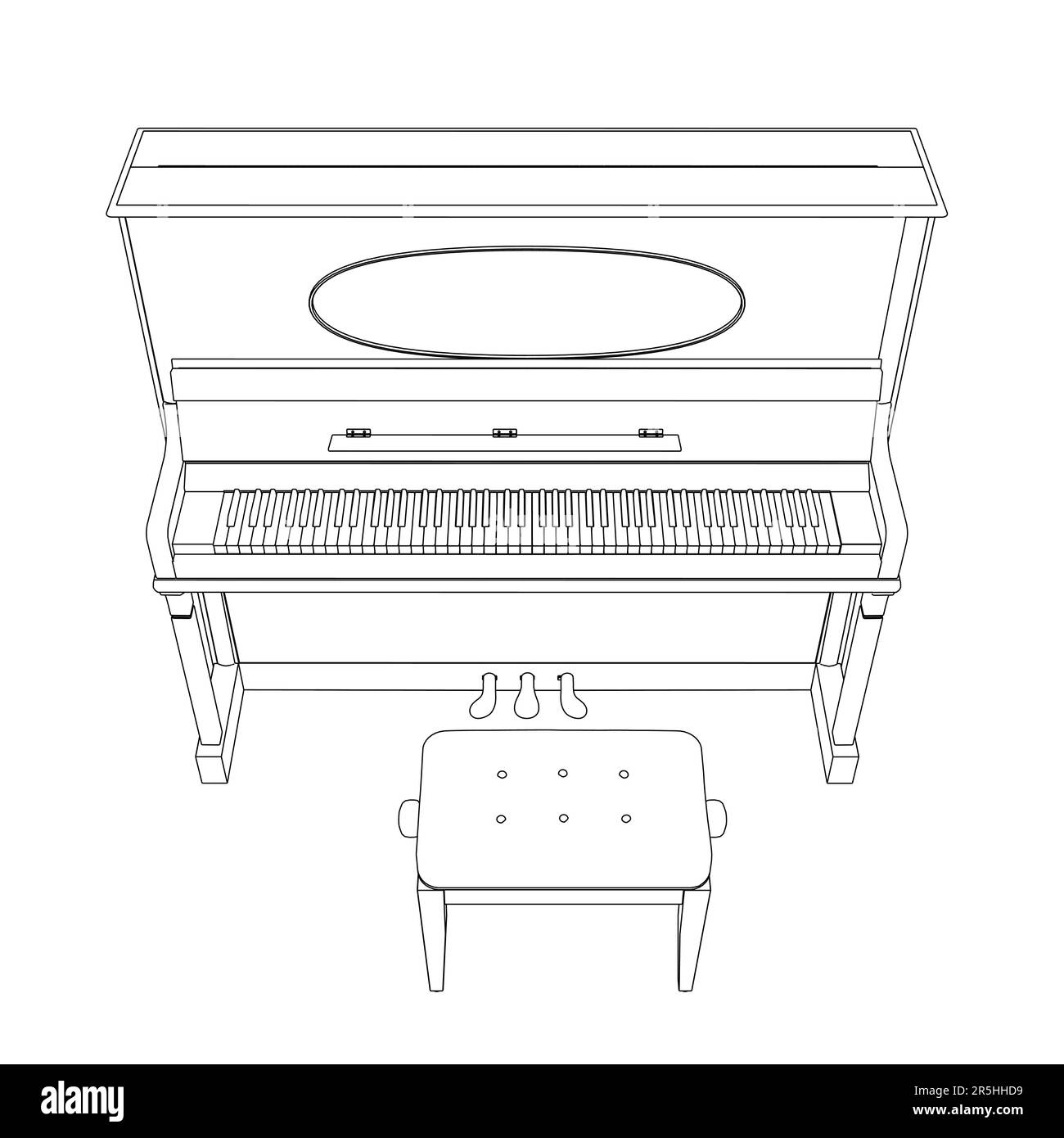 Outline of a piano with a chair from black lines isolated on a white background. Front view ...