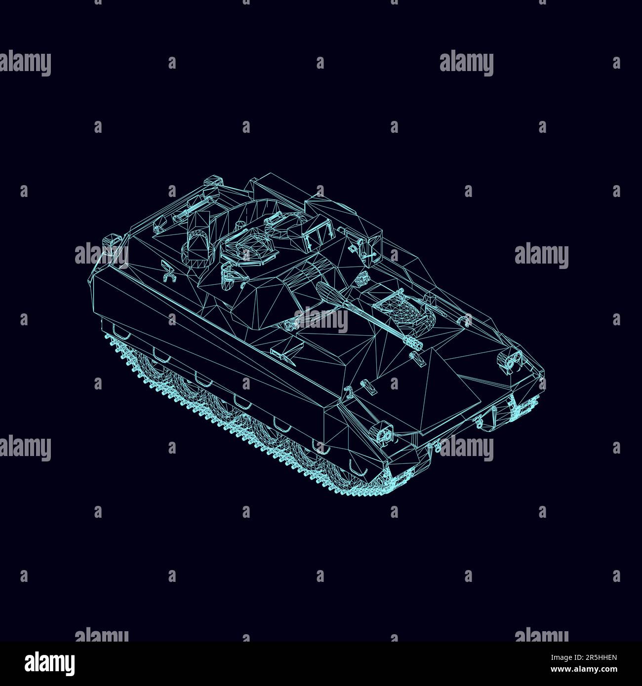 Battle tank wireframe from blue lines isolated on dark background ...