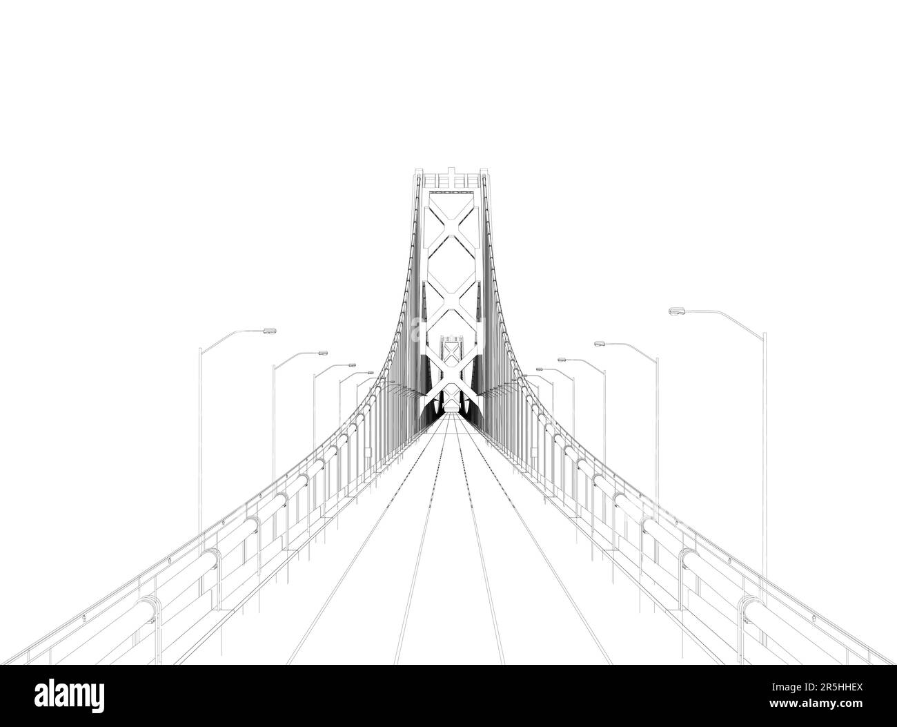 Outline of a large detailed bridge with lanterns. Front view. 3D ...