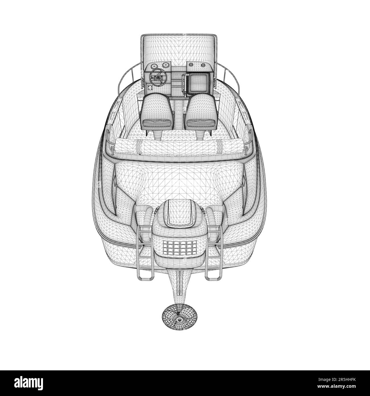 Motor Boat Wireframe From Black Lines Isolated On White Background