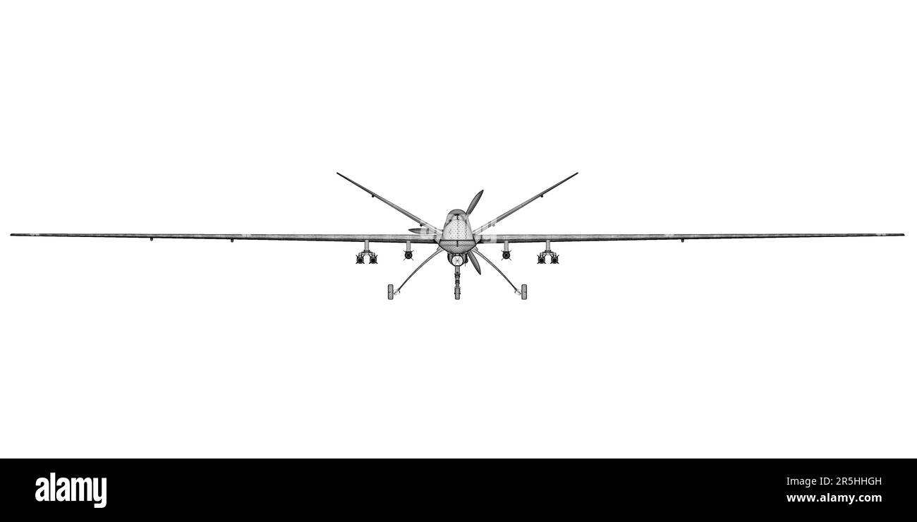 Black Lines Combat Drone Wireframe Isolated On White Background Front View 3d Vector