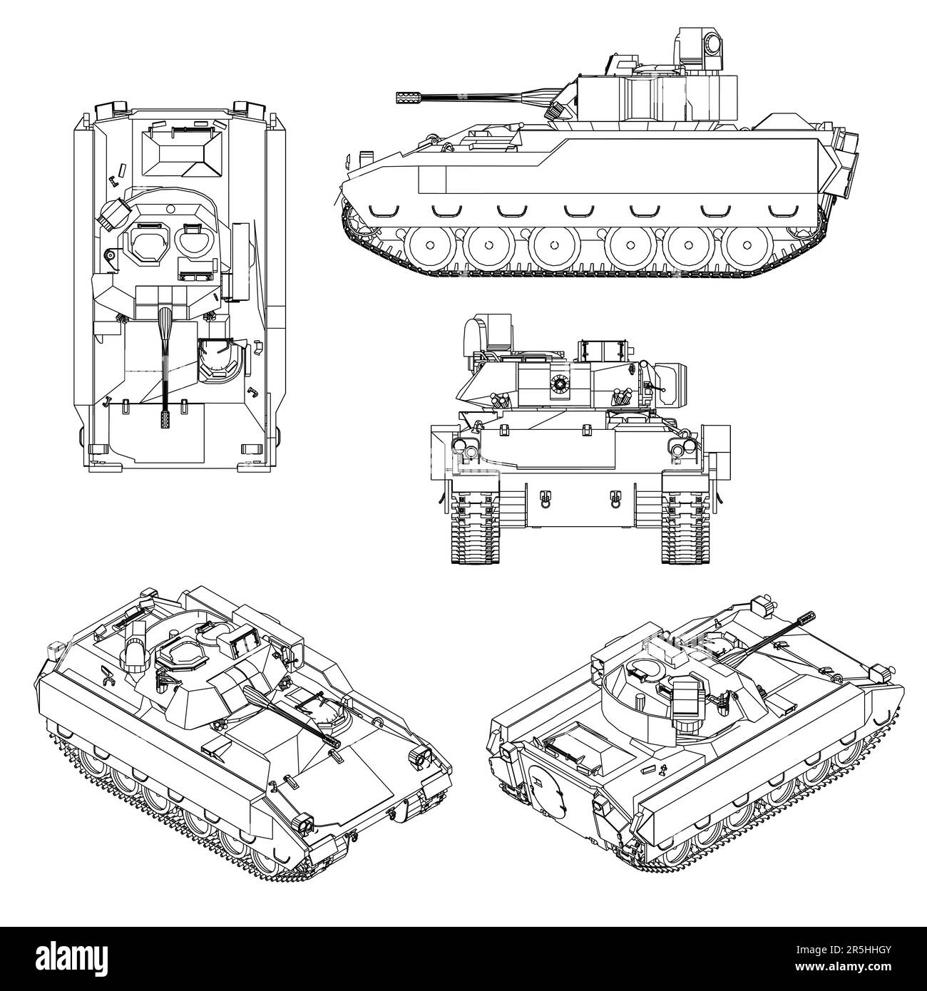 Set with contours of a battle tank from black lines isolated on a white ...