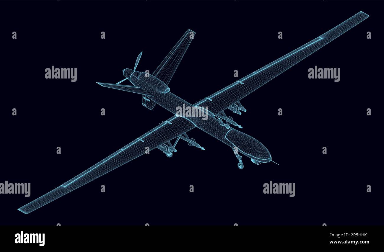 Blue Lines Unmanned Aerial Vehicle Wireframe Isolated On Dark Background Combat Drone
