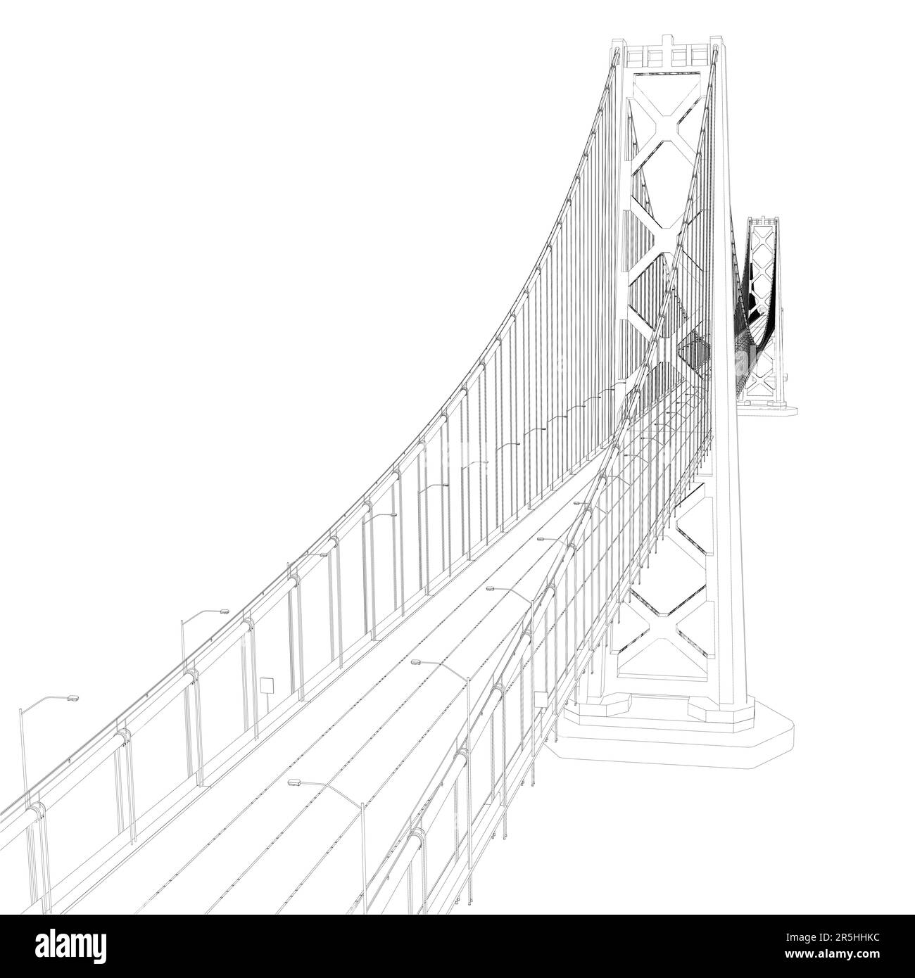 Outline of a large detailed bridge with lanterns. Perspective view. 3D ...