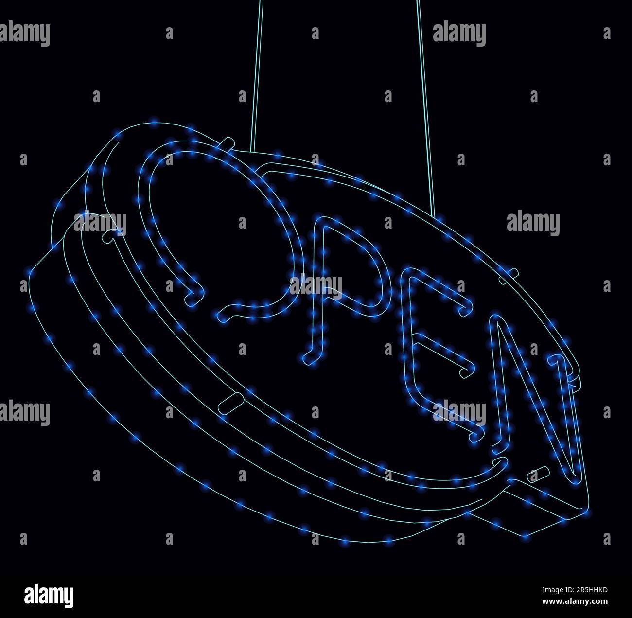 Signboard outline with the word open with glowing lights from blue ...