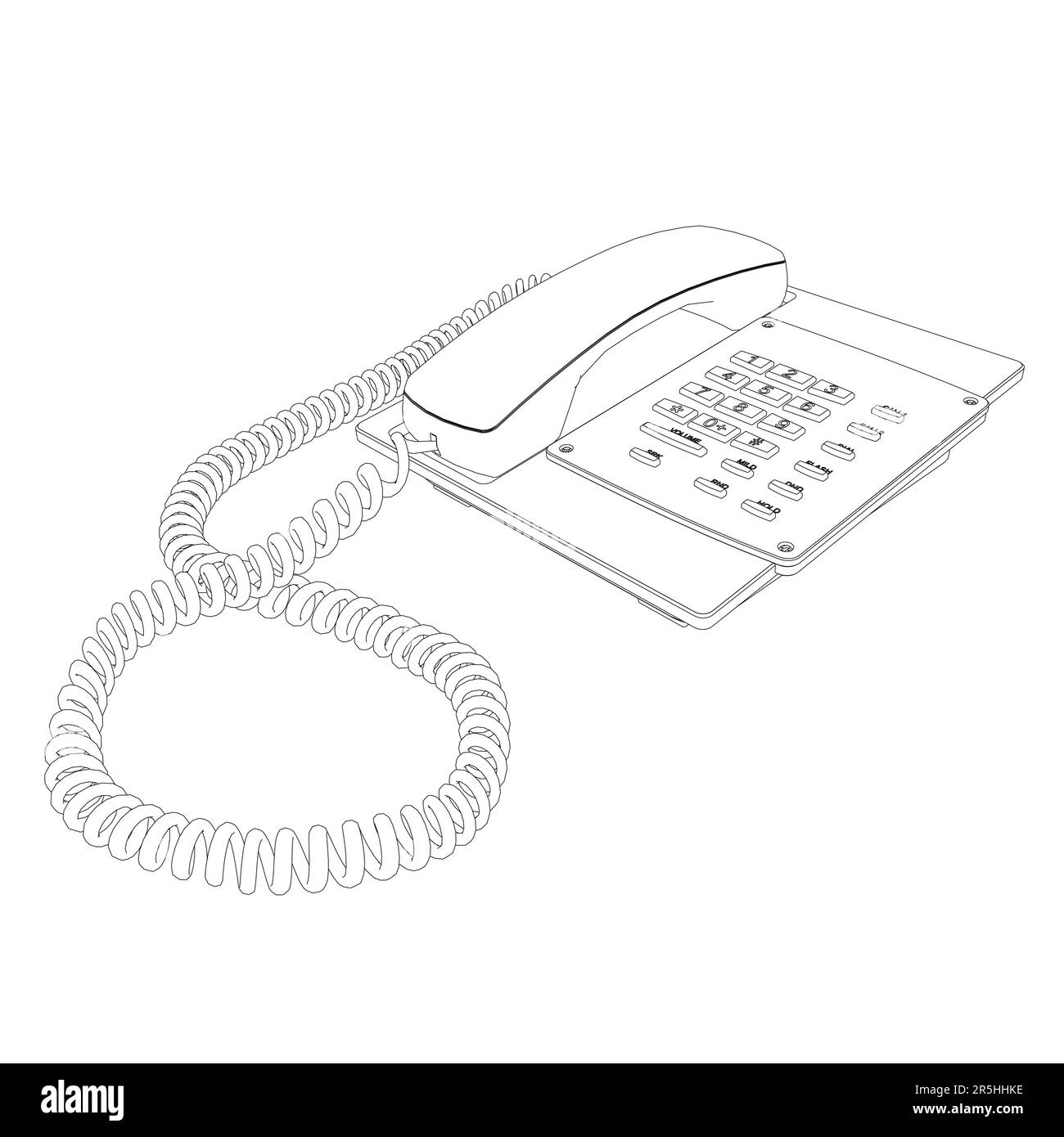 Outline of a wired telephone with buttons from black lines isolated on ...