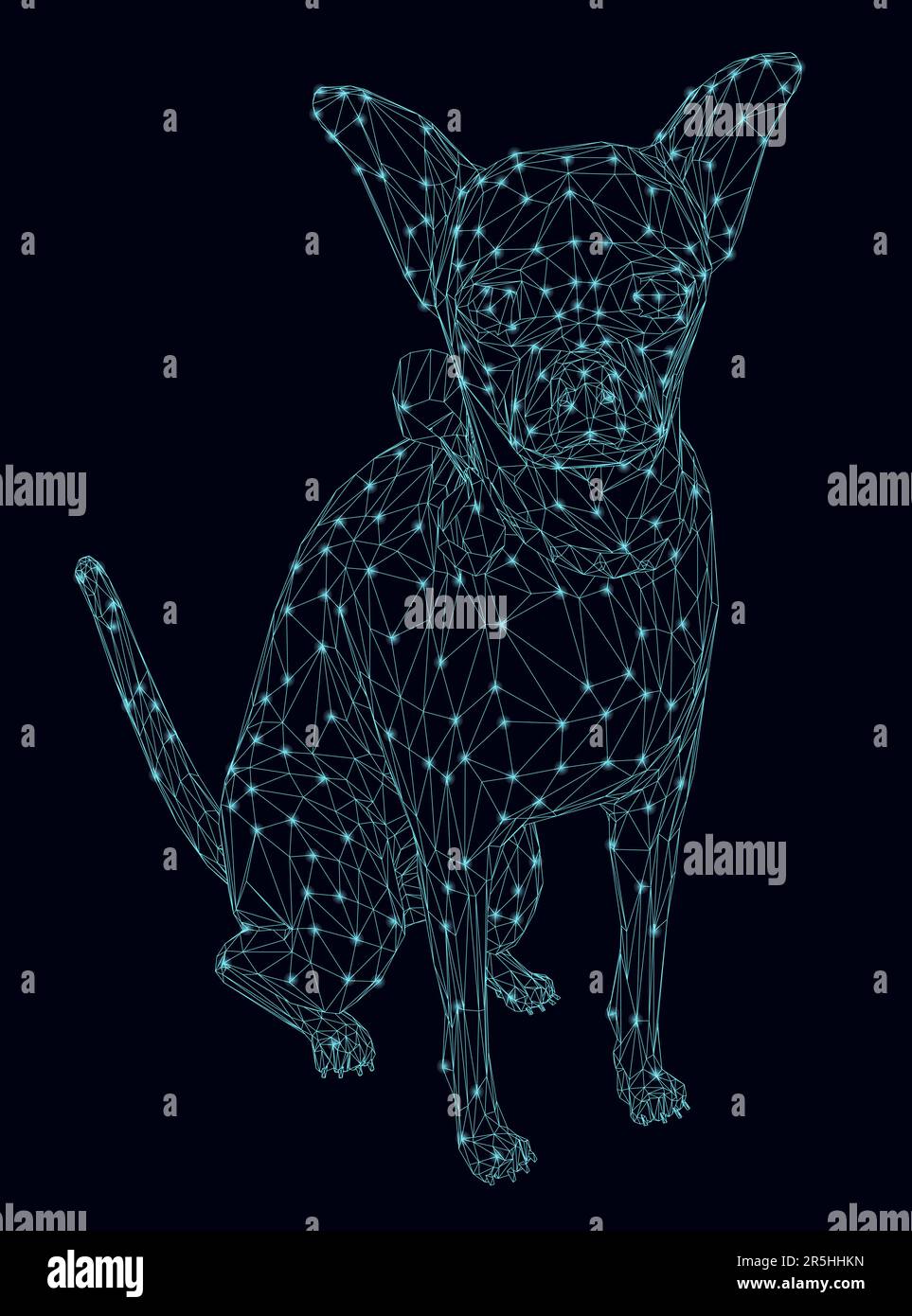 Wireframe of a small dog from blue lines isolated on a dark background ...