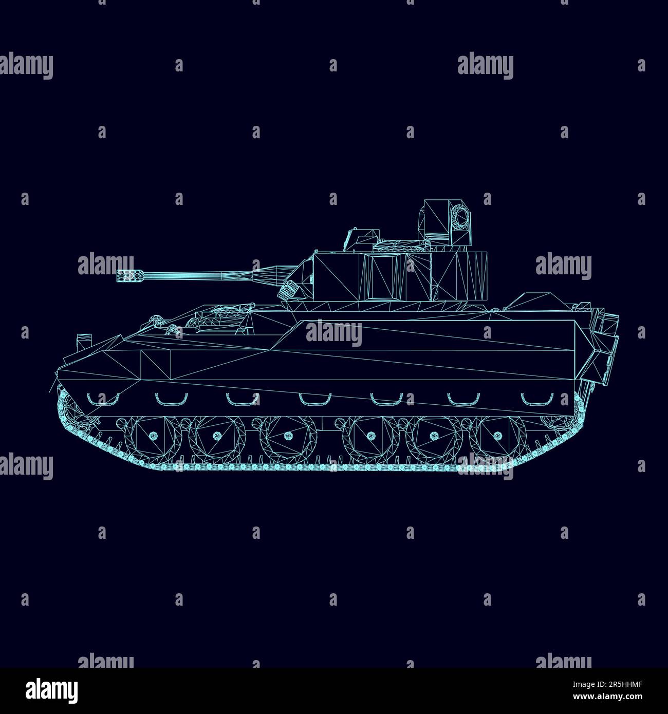 Battle tank wireframe from blue lines isolated on dark background. Side ...