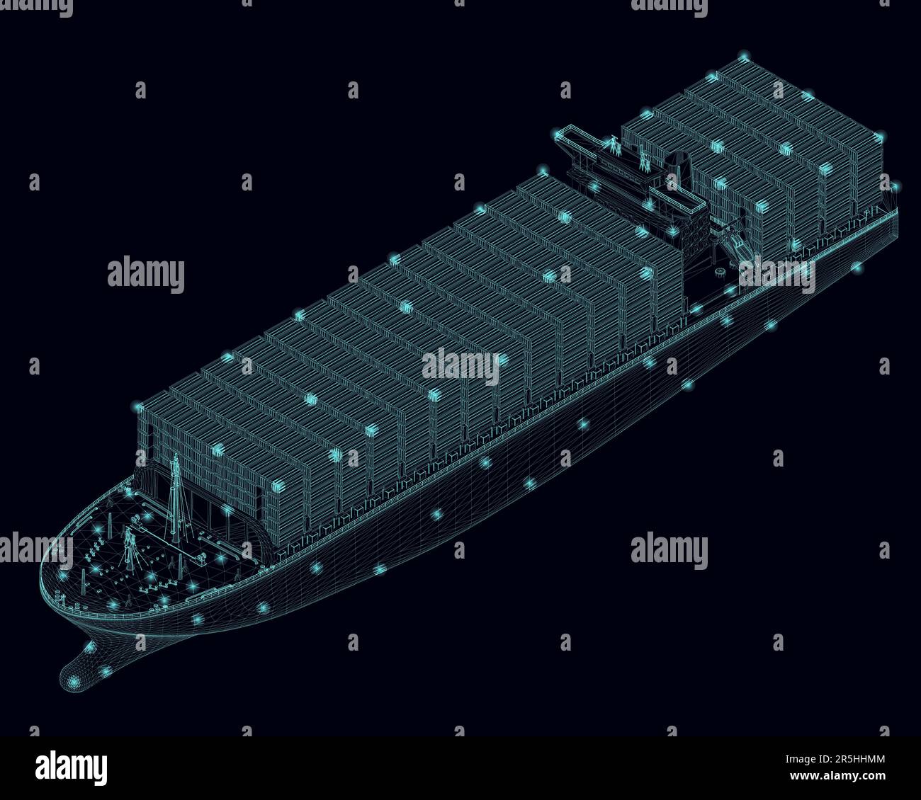Ship Wireframe With Many Containers Made Of Blue Lines Isolated On A Dark Background Isometric