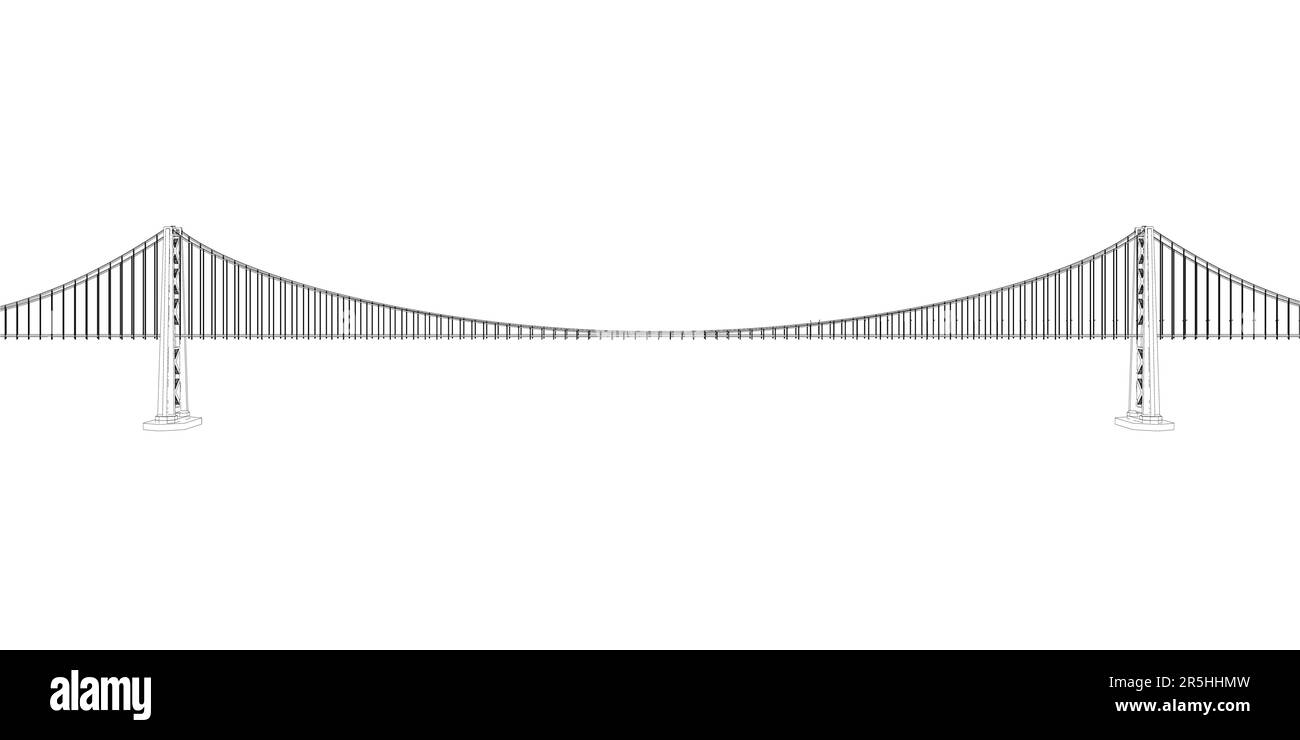 Outline of a large detailed bridge with lanterns. Side view. 3D. Vector ...