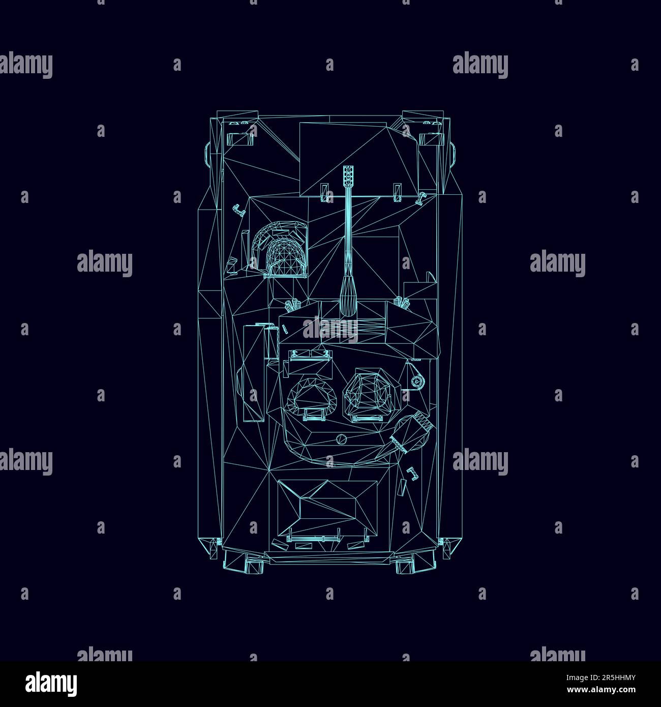 Battle tank wireframe from blue lines isolated on dark background. View ...