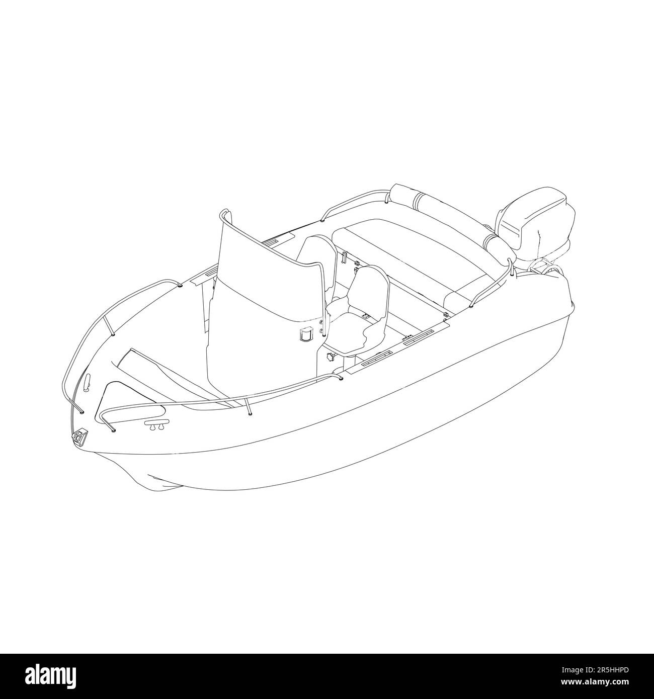 Outline of a water boat from black lines isolated on a white background. Isometric view. Vector ...
