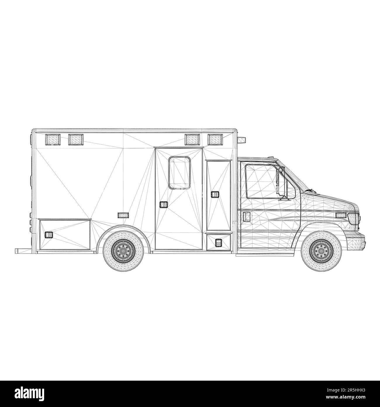 Ambulance Car Wireframe From Black Lines Isolated On White Background Side View 3d Vector