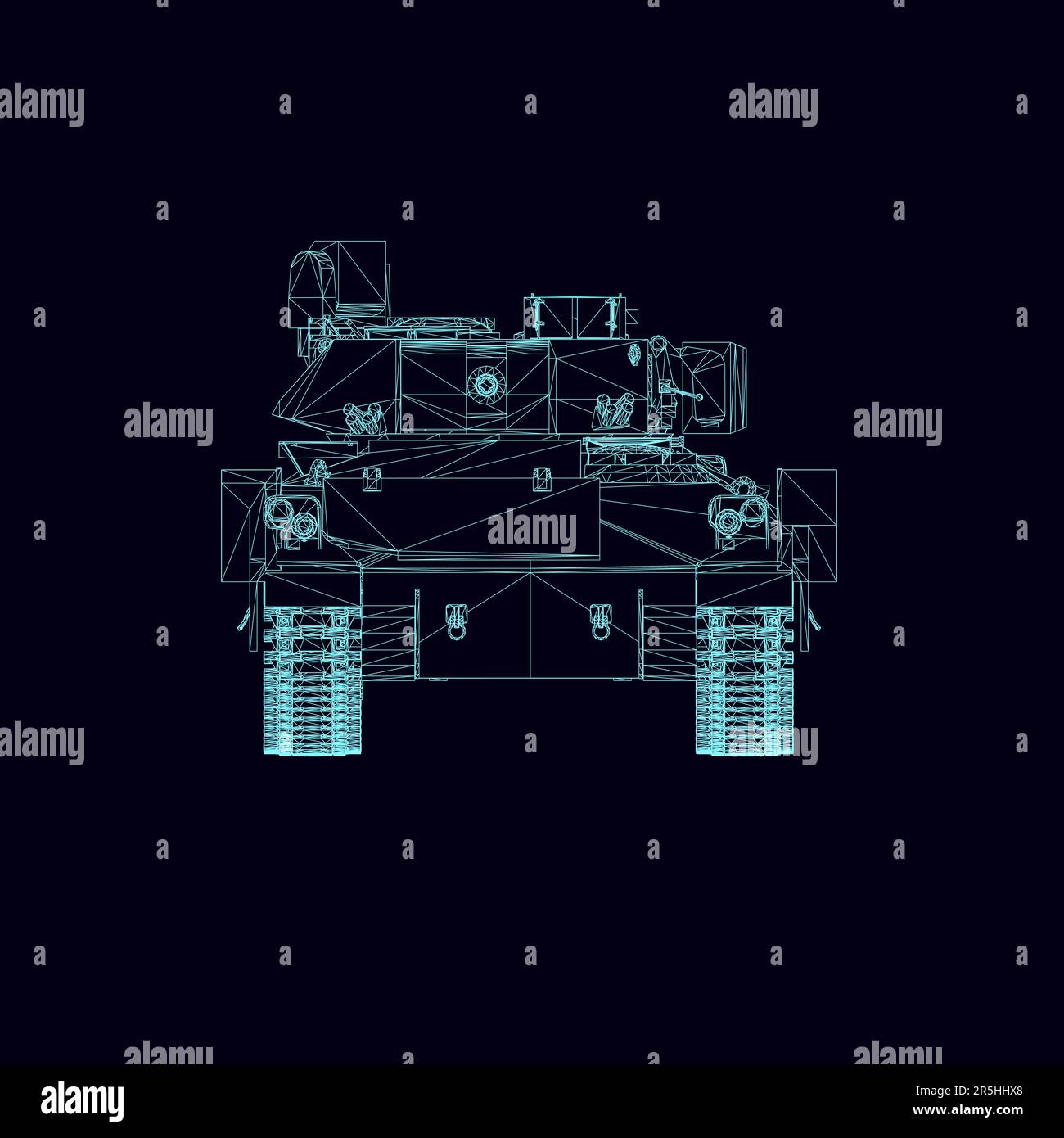 Battle tank wireframe from blue lines isolated on dark background ...