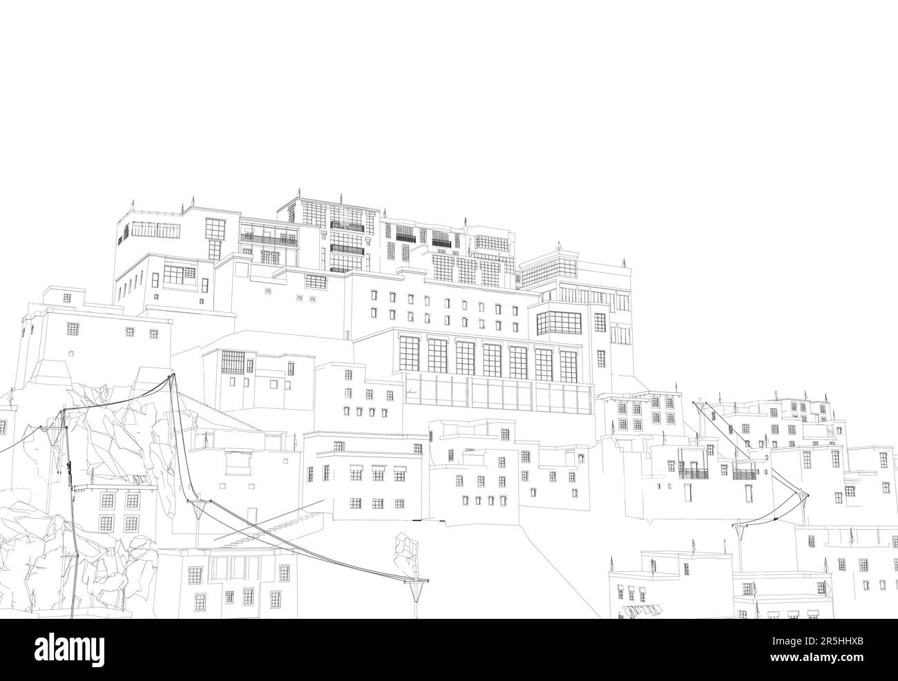 The outline of the city in ruins from black lines isolated on a white background. Hillside ...