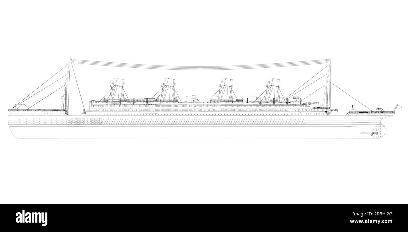 Outline of a large passenger ship from blue lines isolated on a white ...
