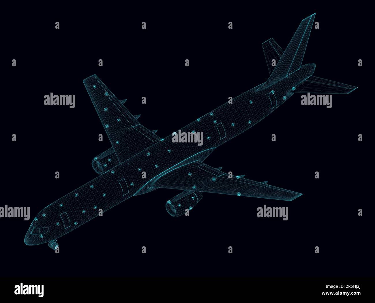 Aircraft wireframe from blue lines isolated on a dark background ...