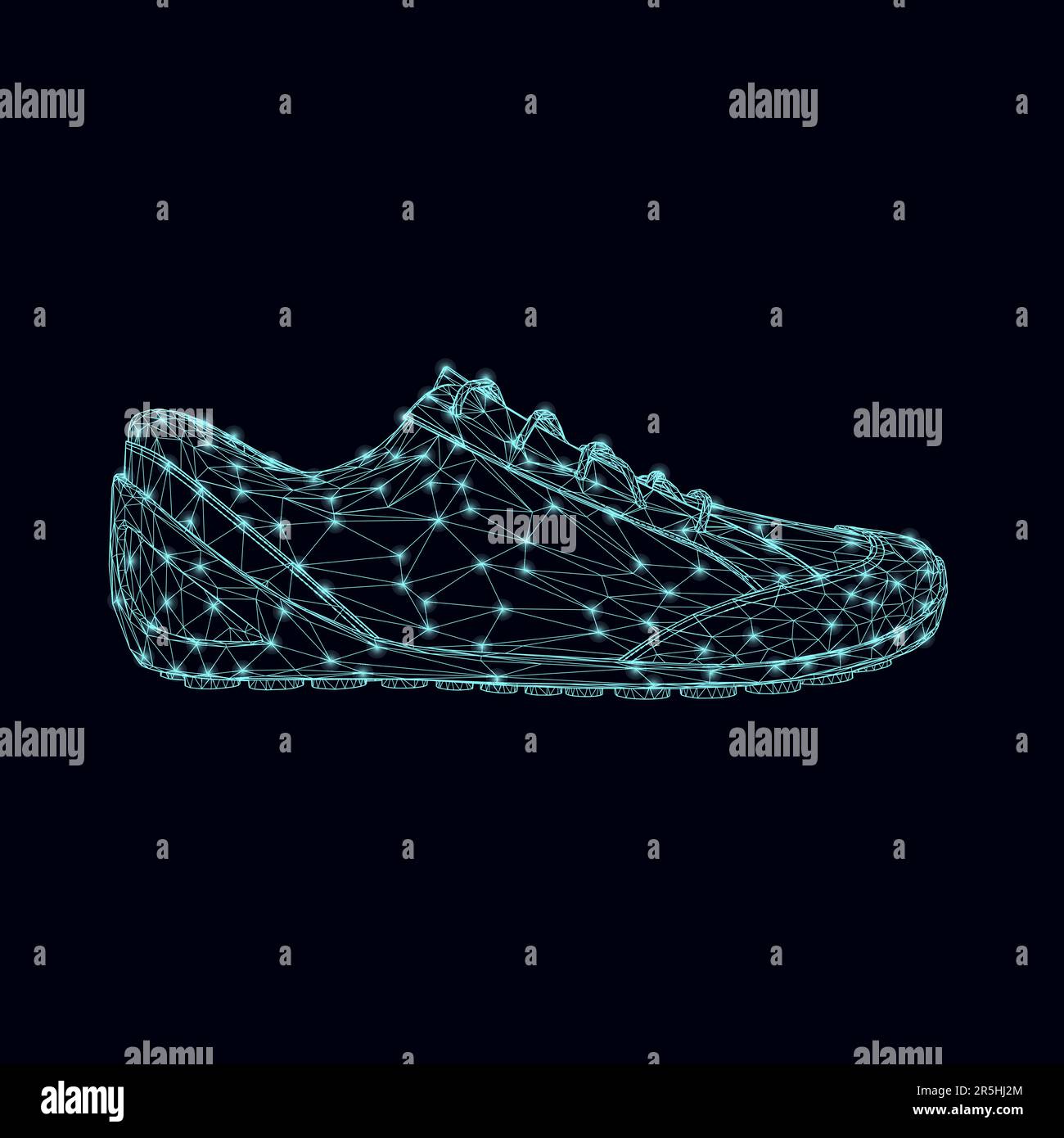 Sneaker wireframe made of blue lines isolated on a dark background ...