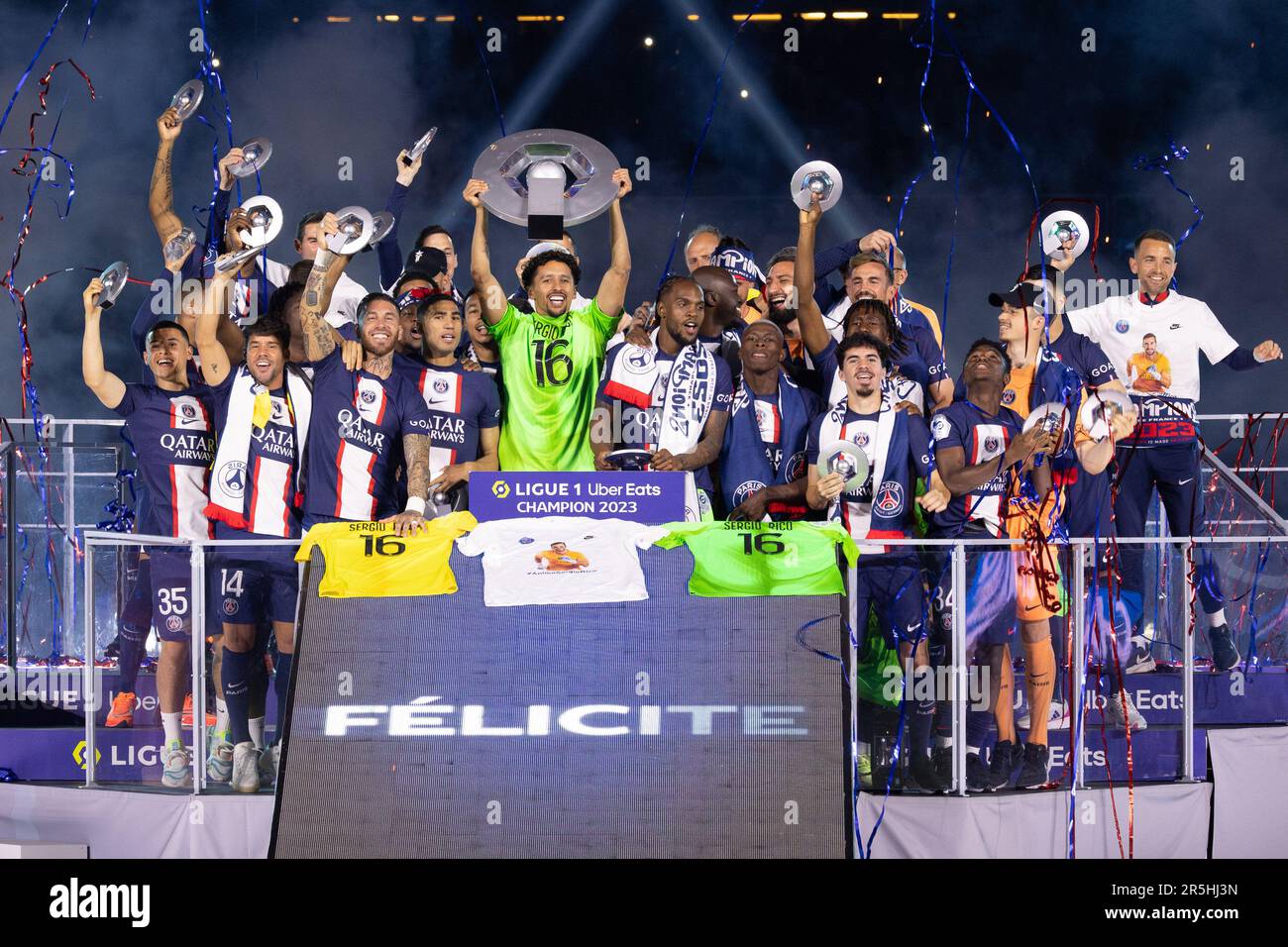 Paris, France. 03rd June, 2023. Paris Saint-Germain players celebrate ...