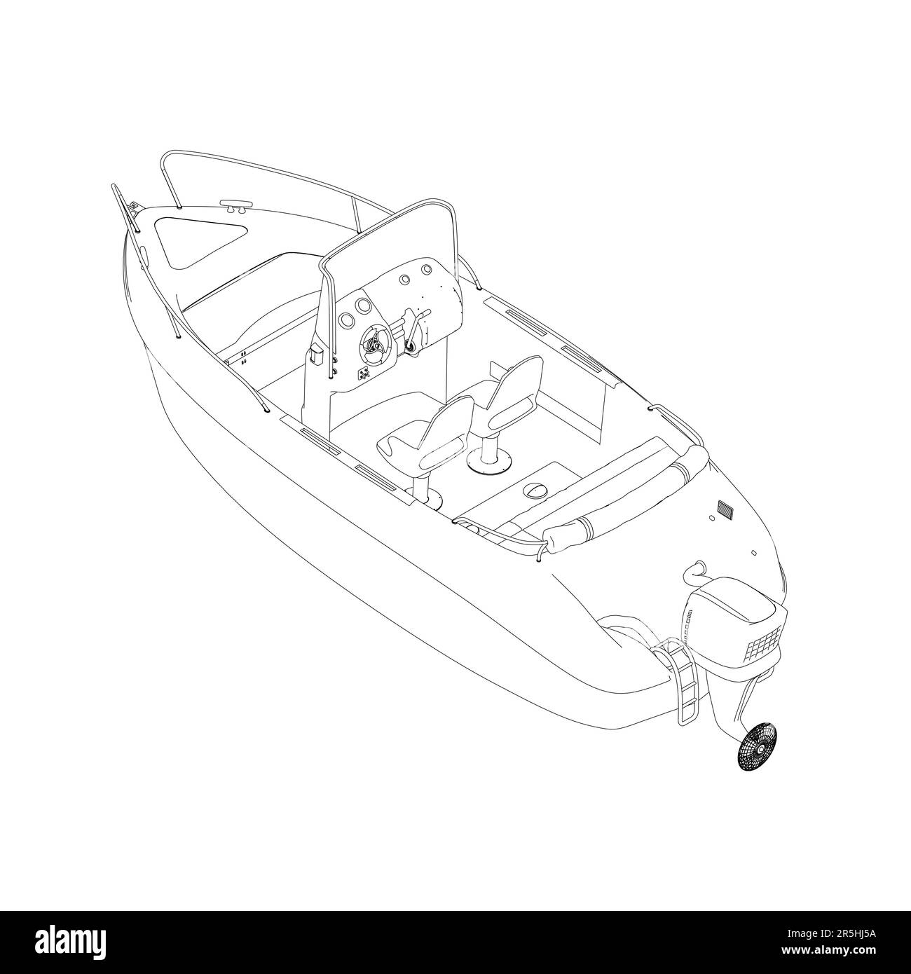 Outline of a water boat from black lines isolated on a white background. Isometric view. Vector ...