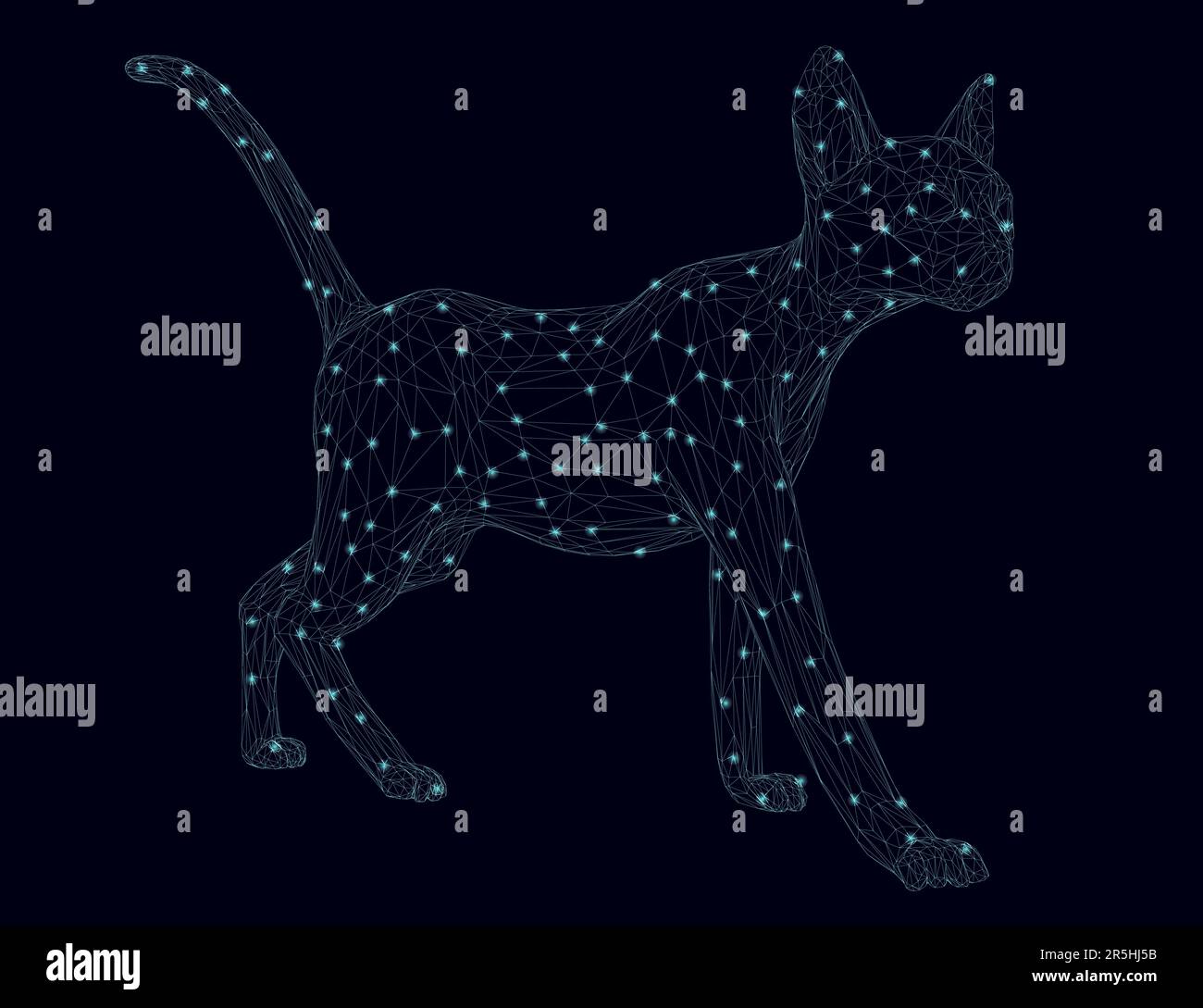 Wireframe of a walking cat made of blue lines with glowing lights ...