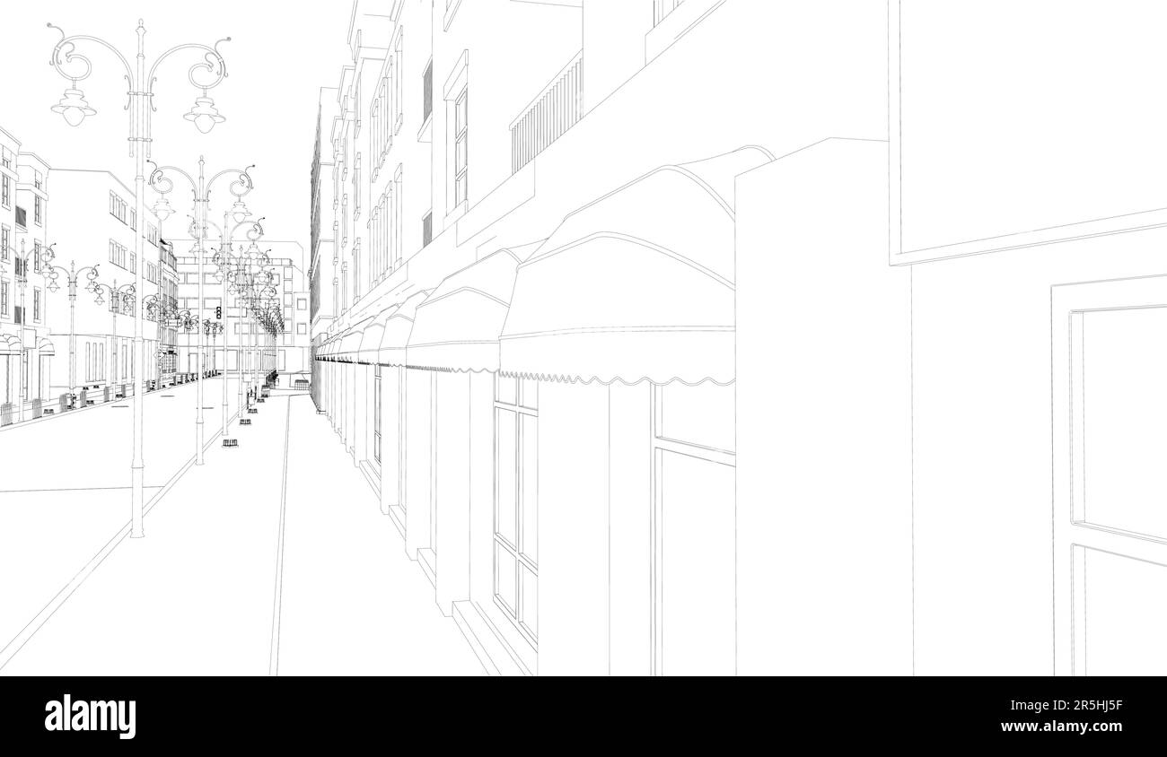 The contour of the street with houses and cars from black lines ...
