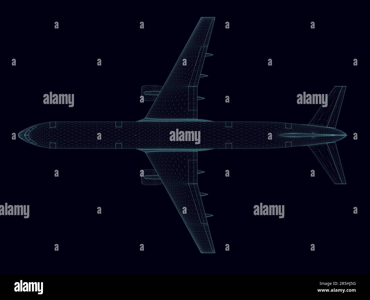 Passenger aircraft wireframe from blue lines isolated on a dark ...