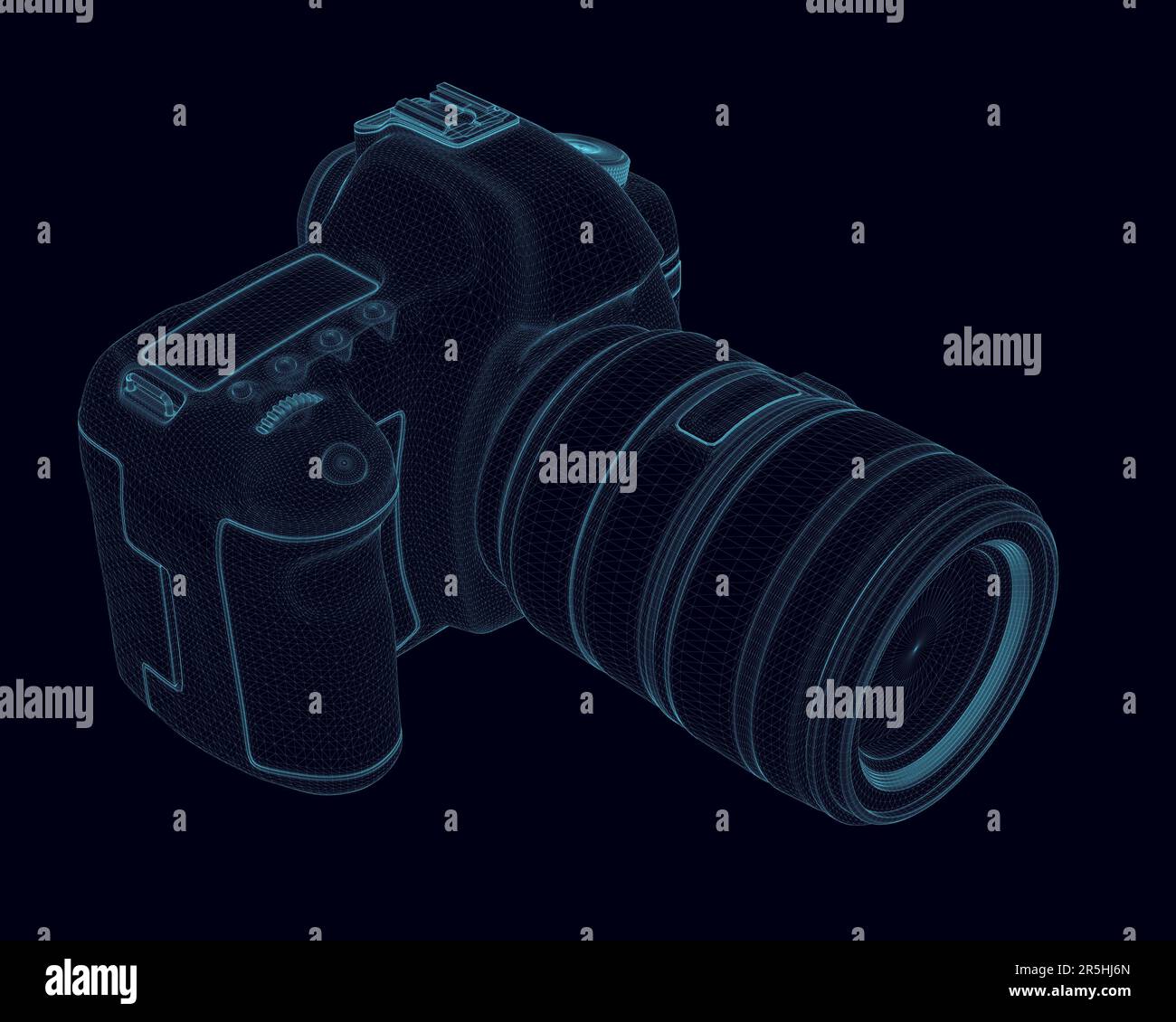 Wireframe of a professional camera made of blue lines isolated on a ...