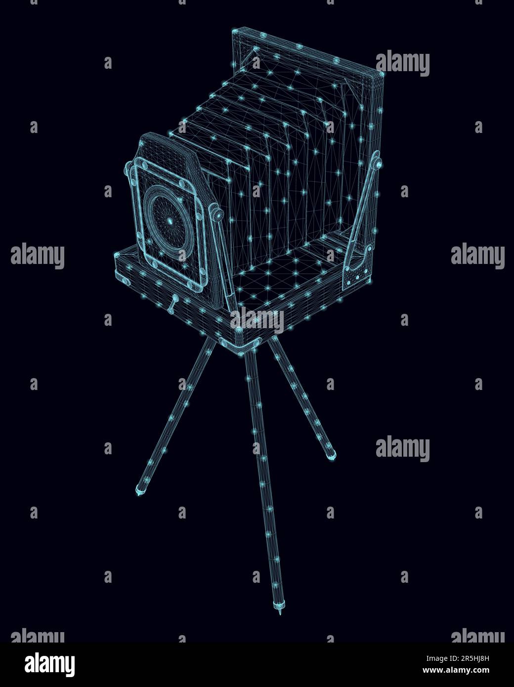 Vintage Camera Wireframe From Blue Lines Isolated On Dark Background Isometric View 3d Vector