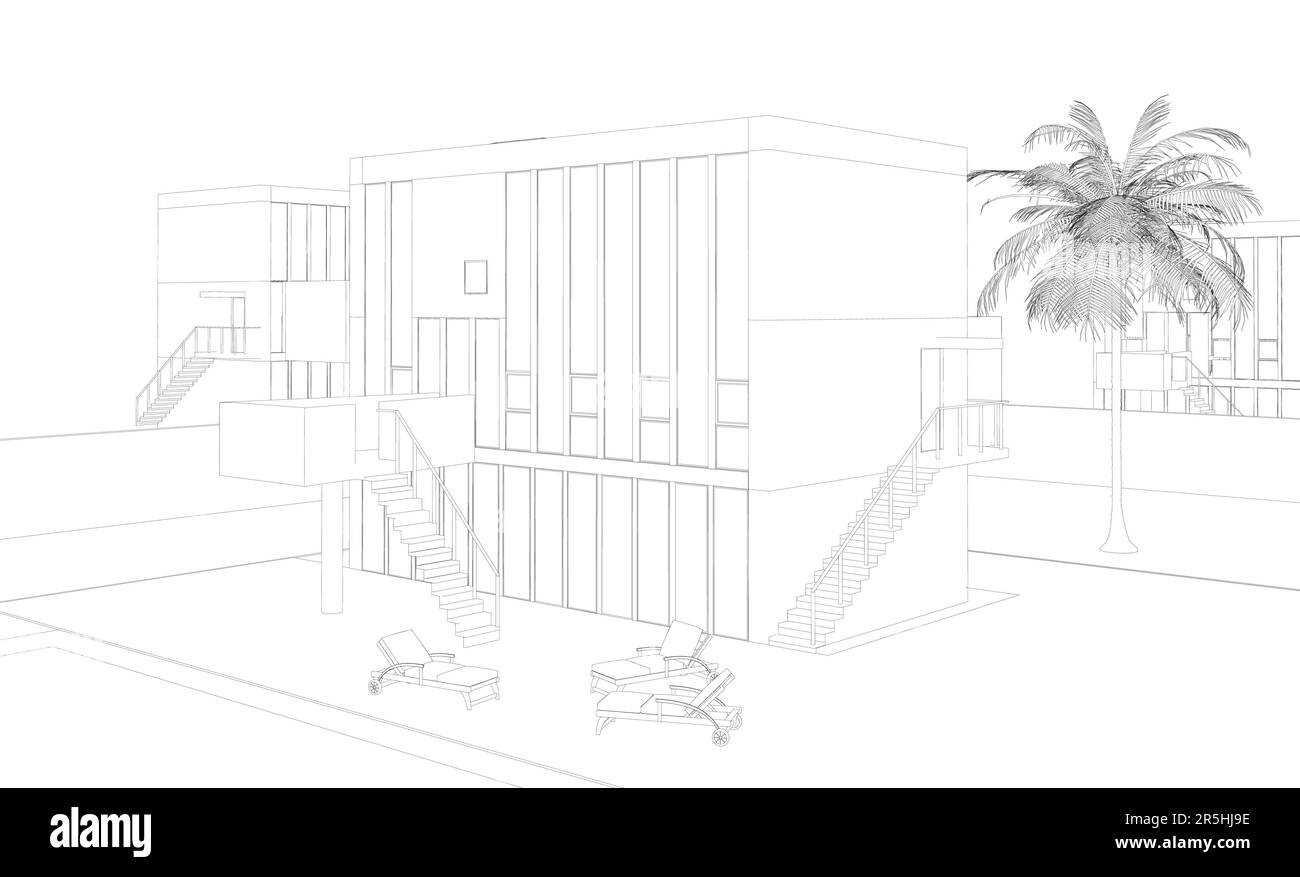Contour of a cottage with a swimming pool and a palm tree from black ...