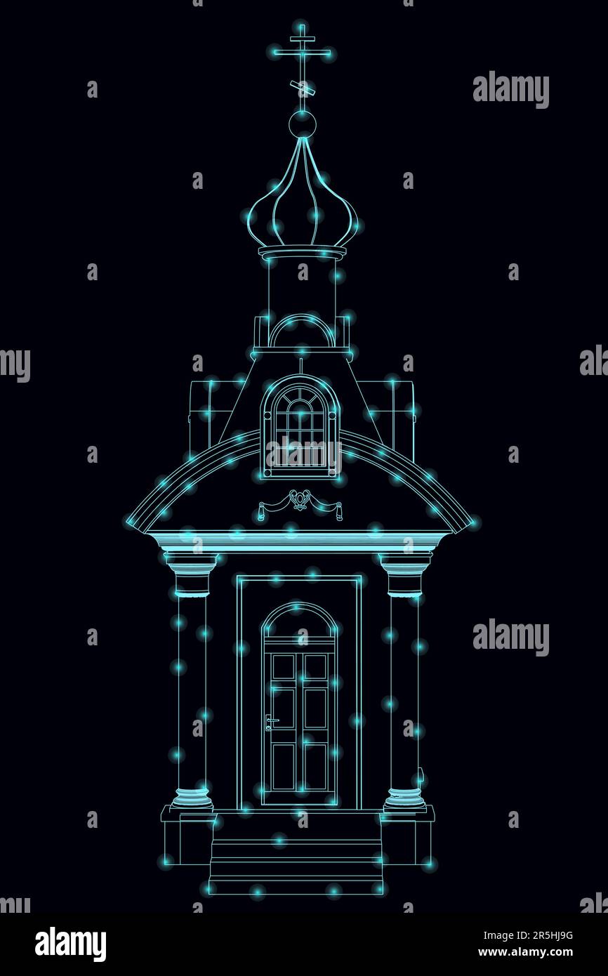 Church wireframe with glowing lights from blue lines isolated on dark ...