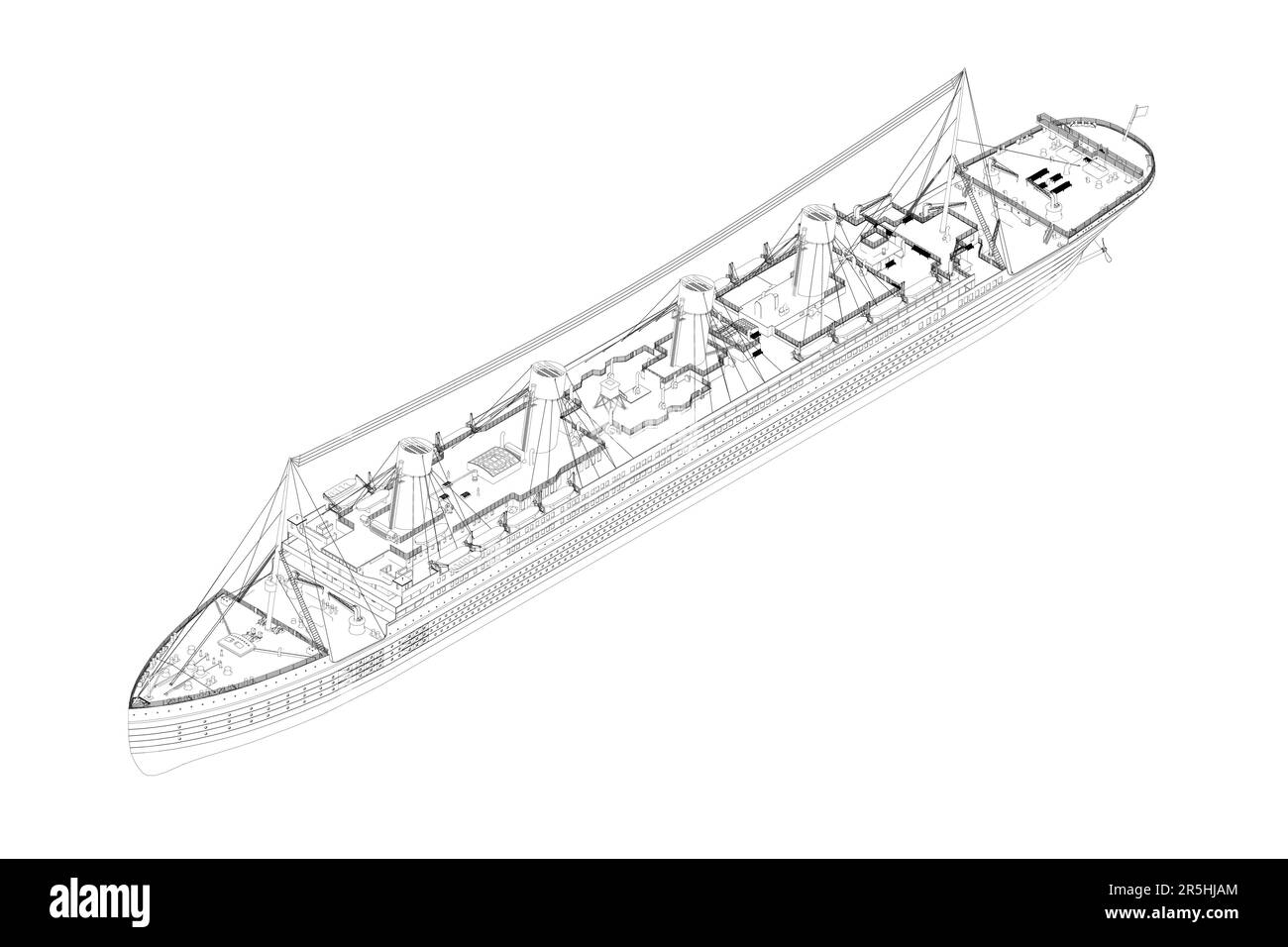 Outline of a large passenger ship from blue lines isolated on a white ...