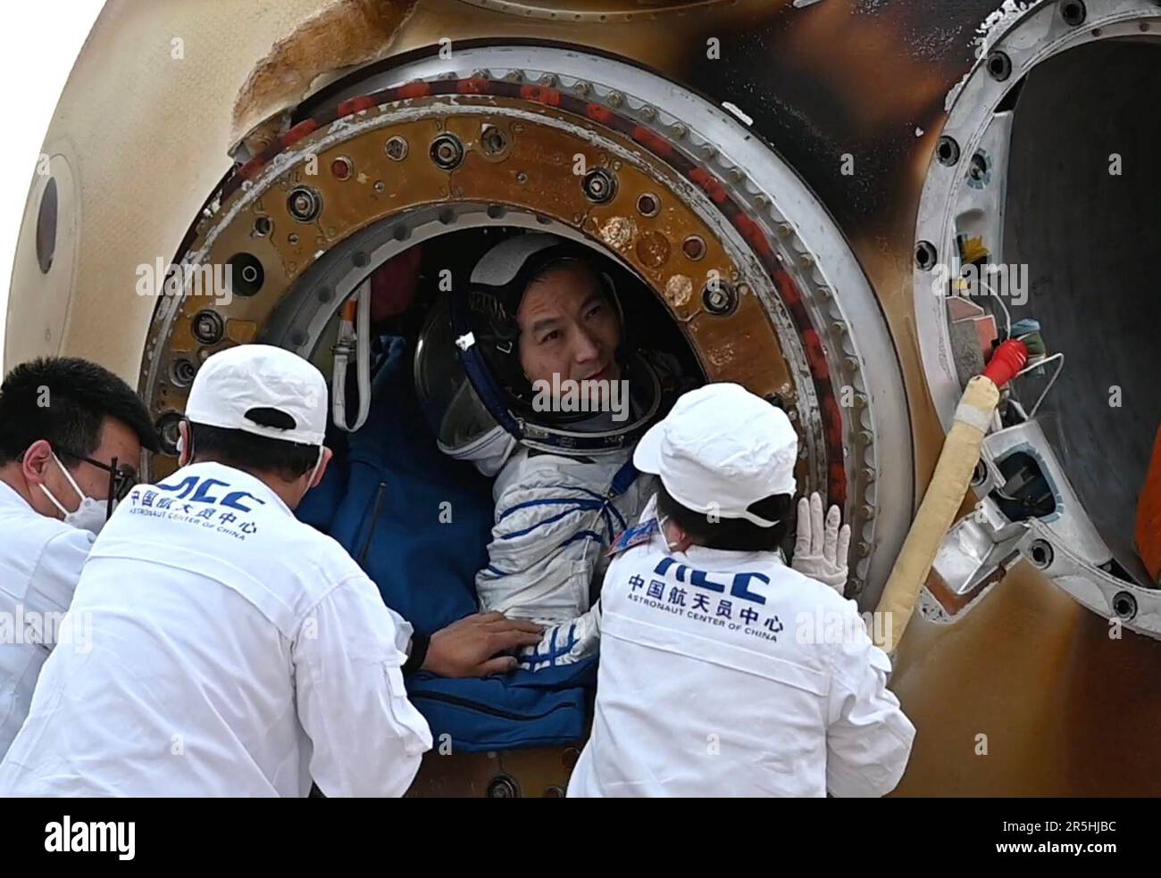 Dongfeng Landing Site. 4th June, 2023. Astronaut Fei Junlong is seen coming out of the return ...