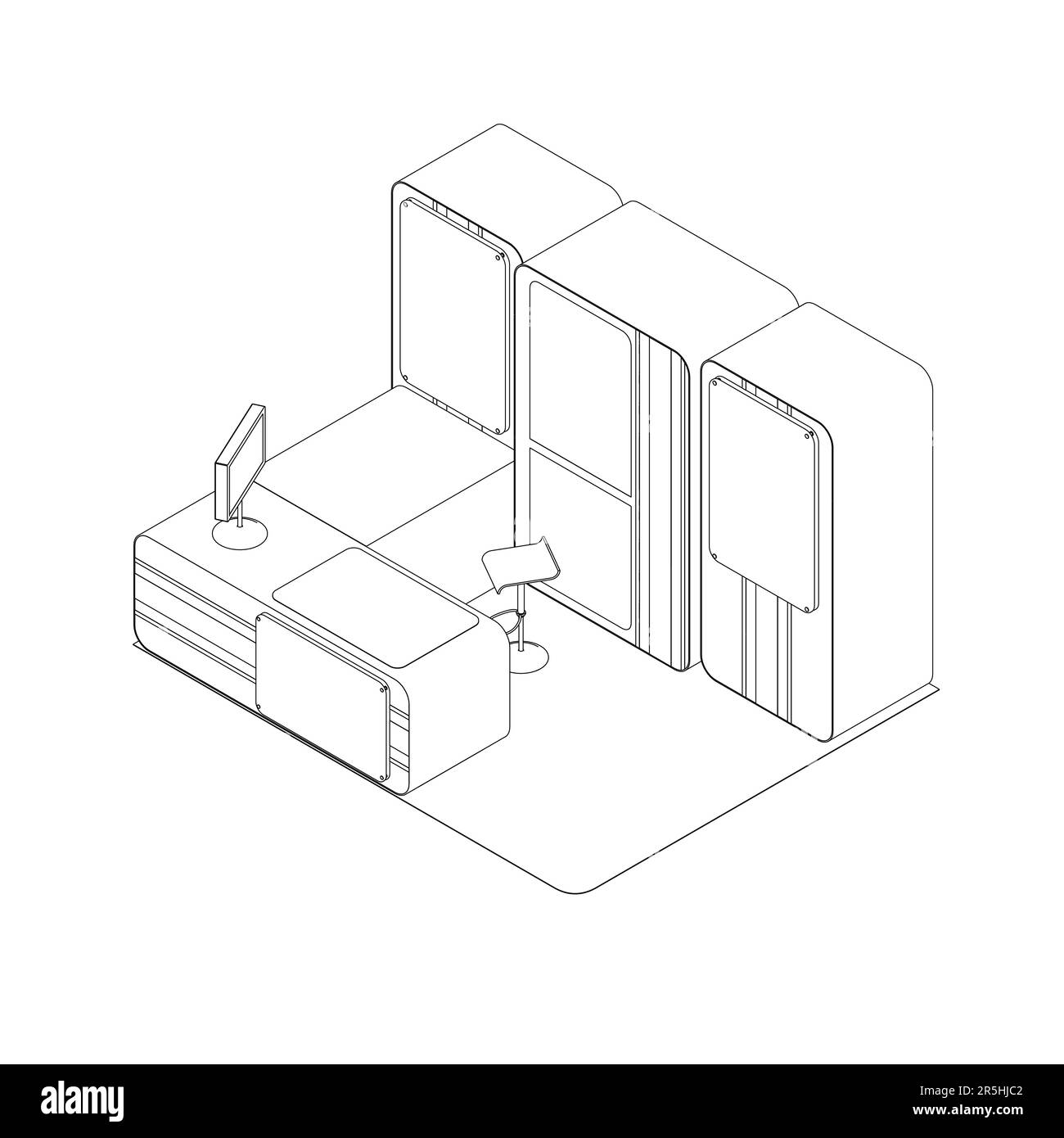 Outline of the reception desk from black lines isolated on a white background. Isometric view ...