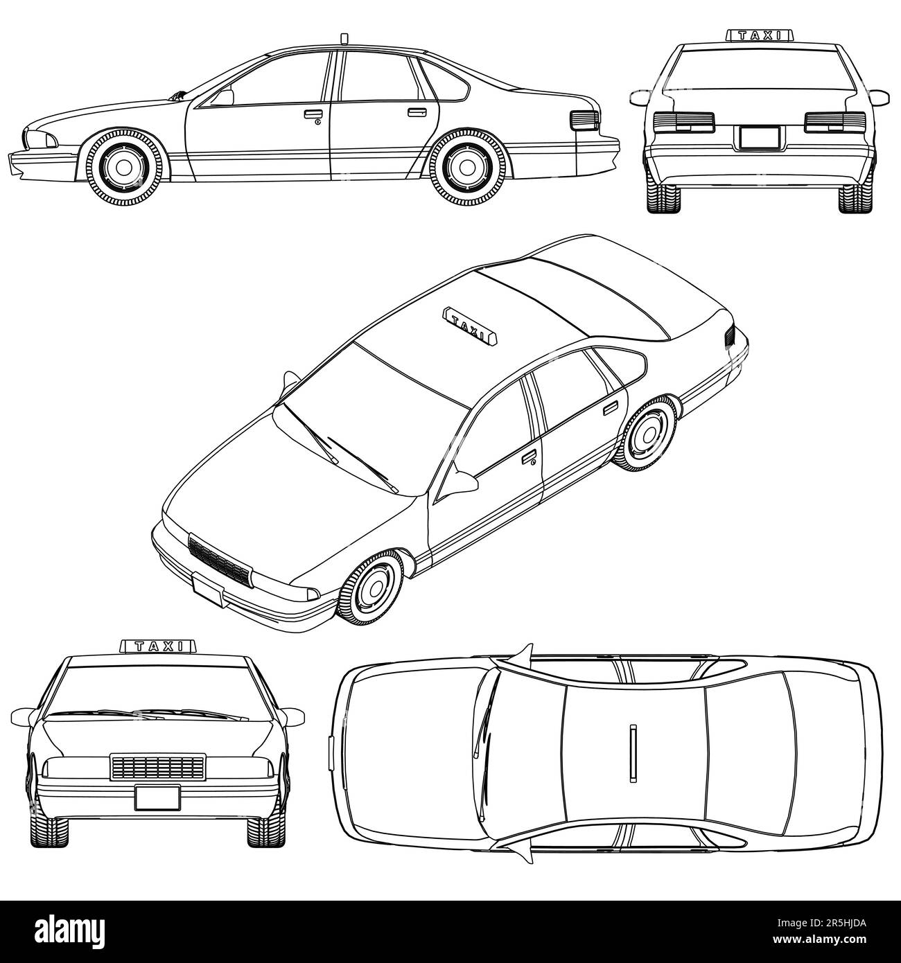 Taxi car outline set from black lines isolated on white background. Isometric view, side, front ...