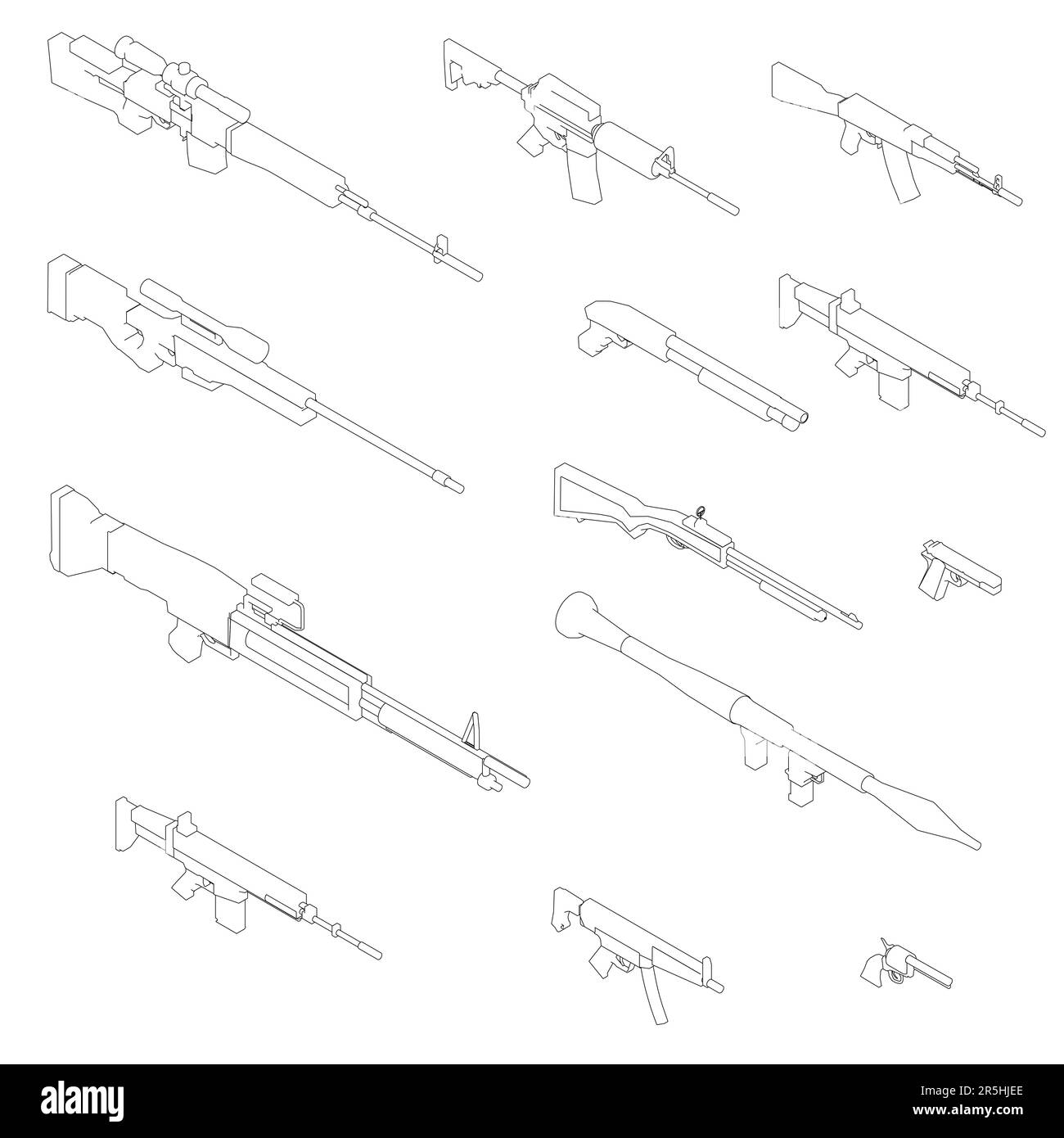 Set with contours of various weapons from black lines isolated on a ...