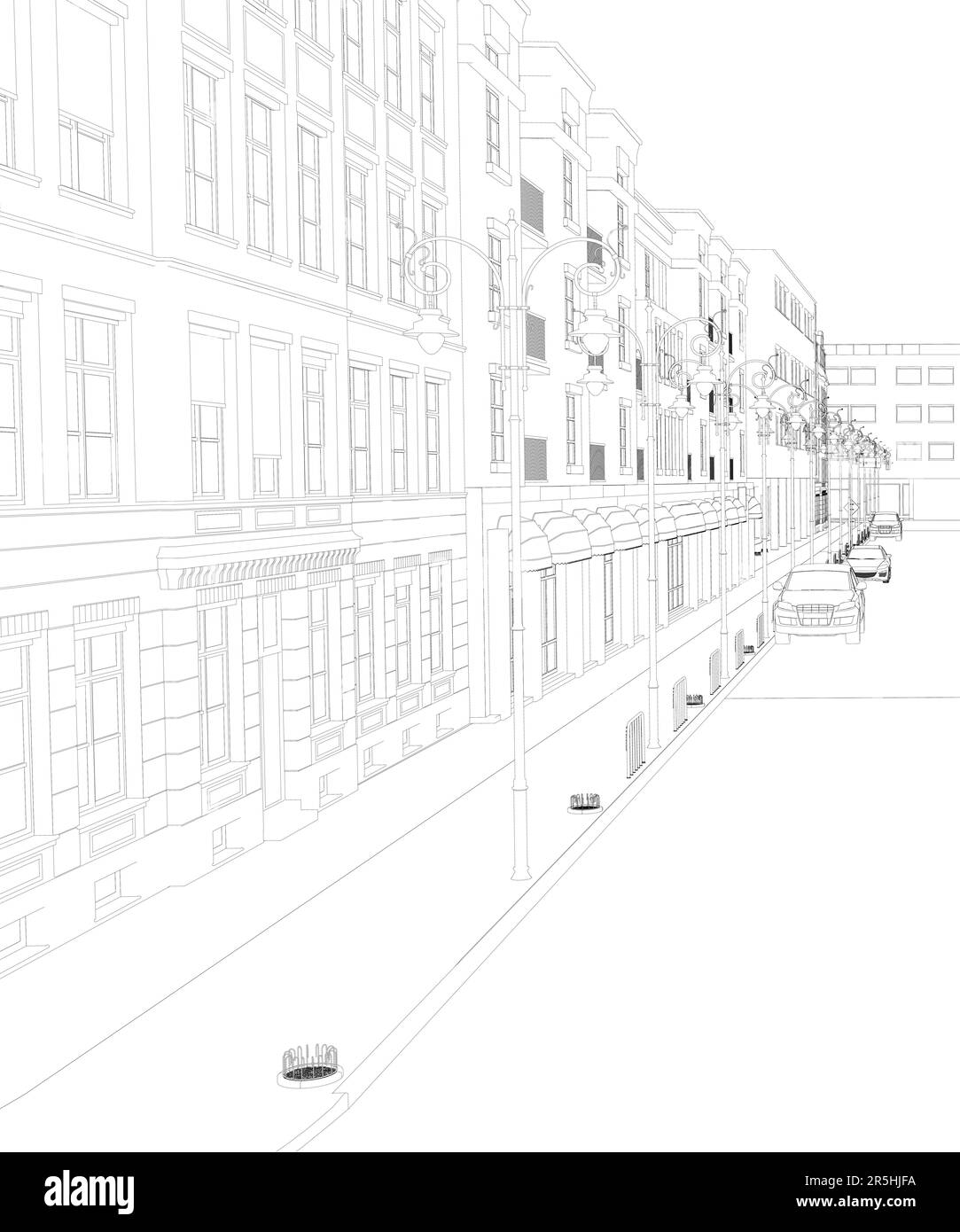 The contour of the street with houses and cars from black lines ...