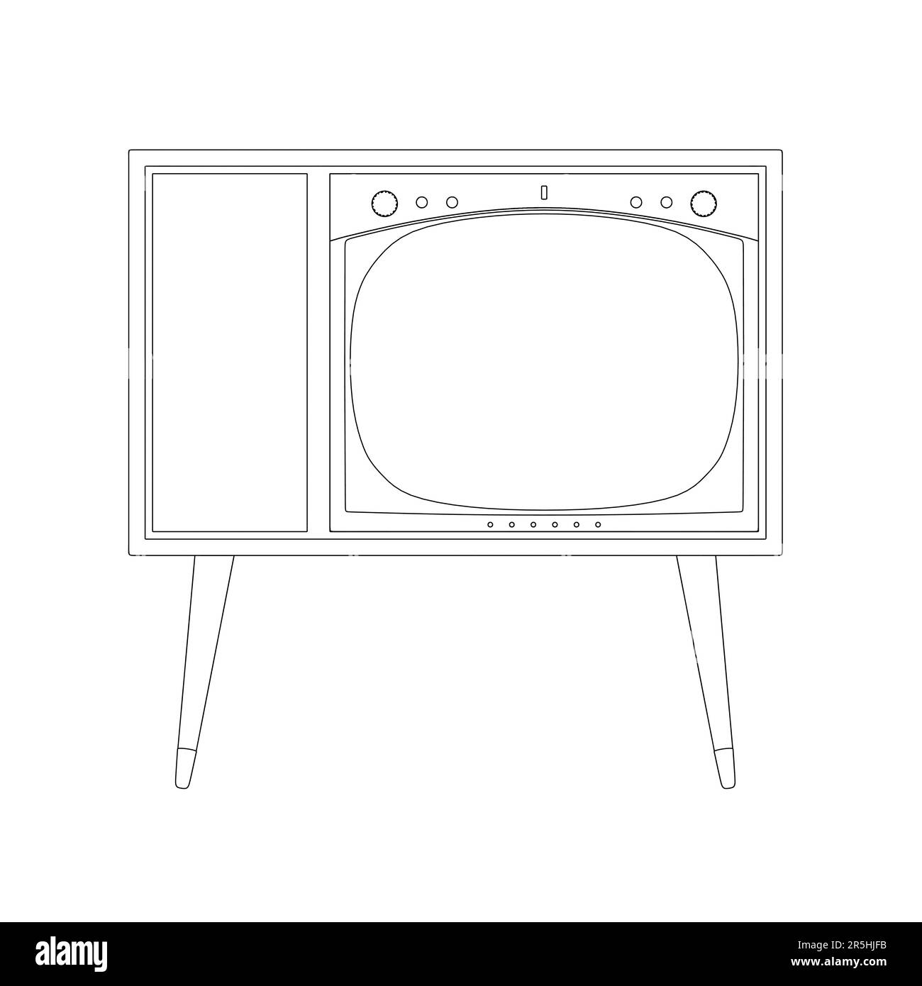 The outline of a vintage black and white TV on legs from black lines ...