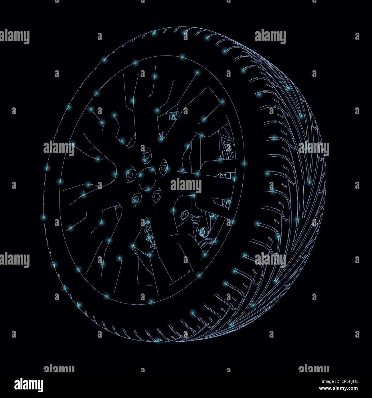 Car wheel frame with glowing lights from blue lines isolated on white ...