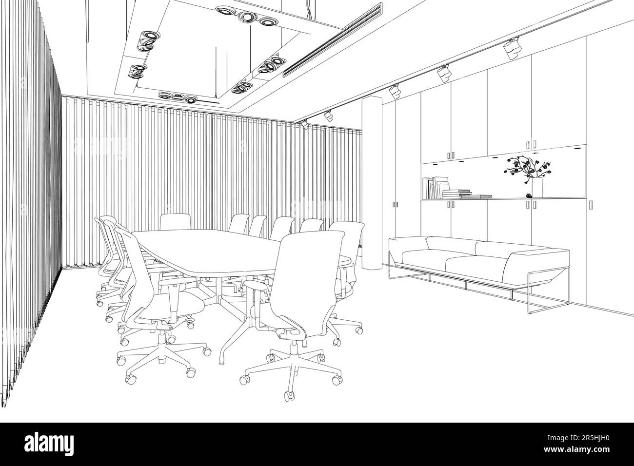 The contour of the meeting room with a large oval table and chairs near ...