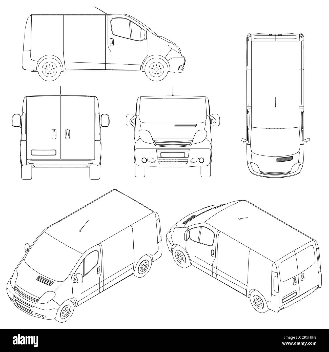 Set with outlines of a van from black lines isolated on a white ...